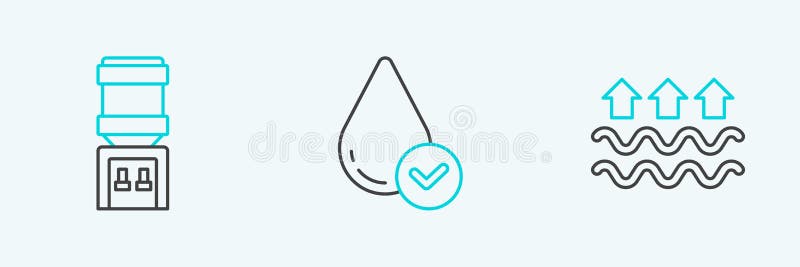 Set Line Waves of Water and Evaporation, Water Cooler and Drop Icon ...