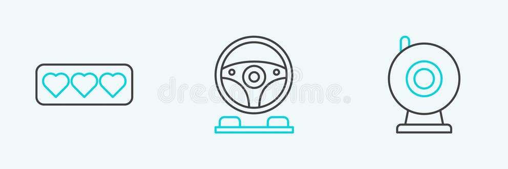 Set Line Web Camera, Like and Heart and Racing Simulator Cockpit Icon ...