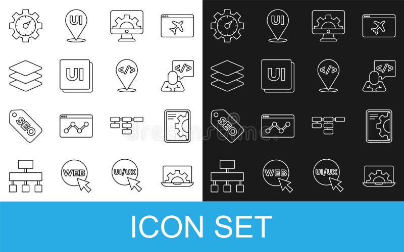 Set Line Web Development, Front End, UI or UX Design, Layers, Website Statistic and Icon. Vector ...