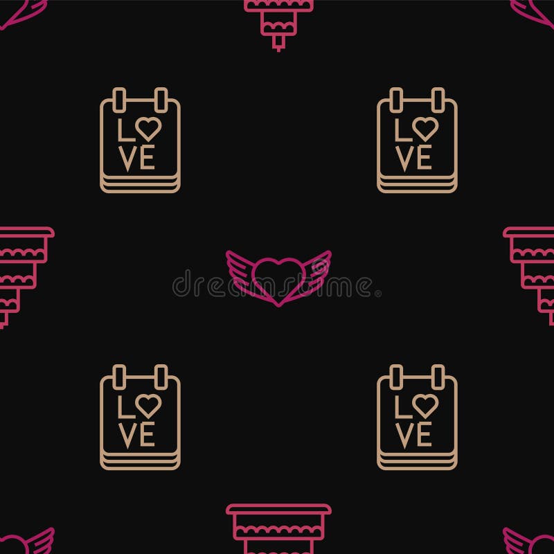 Set Line Wedding Cake, Calendar with February 14 and Heart Wings on ...