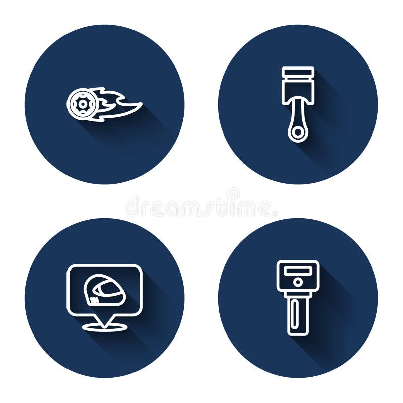 Set Line Wheel in Fire Flame, Engine Piston, Racing Helmet and Car Key ... Set Line Wheel in Fire Flame, Engine Piston, Racing Helmet and Car Key ...