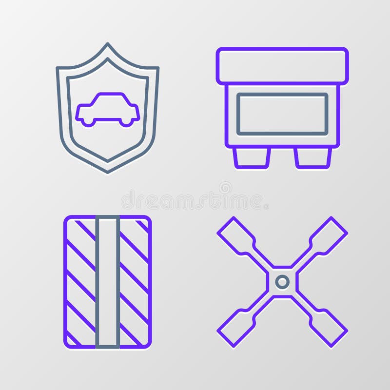 Set Line Wheel Wrench, Car Tire Wheel, Fuse and with Shield Icon ... Set Line Wheel Wrench, Car Tire Wheel, Fuse and with Shield Icon ...