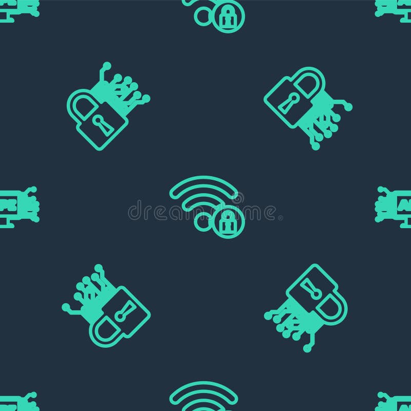 Set Line Wifi Locked Cyber Security And Computer Api Interface On Seamless Pattern Vector 9111