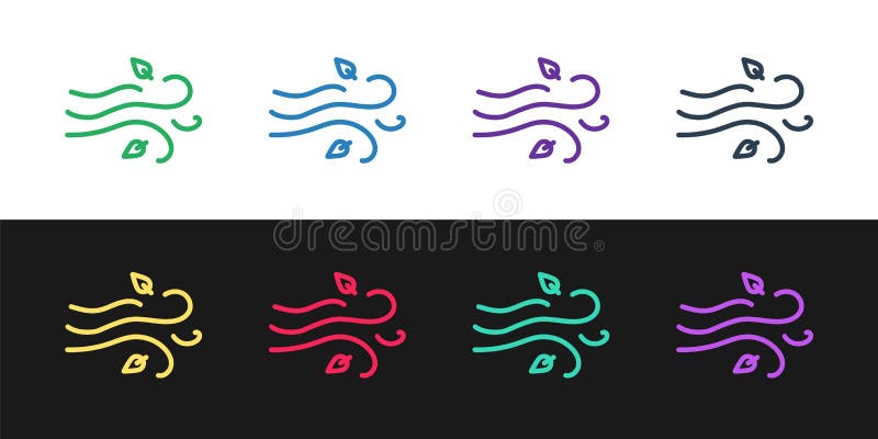 Set Line Wind Icon Isolated on Black and White Background. Windy ...