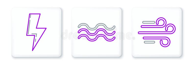 Set Line Wind, Lightning Bolt and Waves Icon. Vector Stock Illustration ...