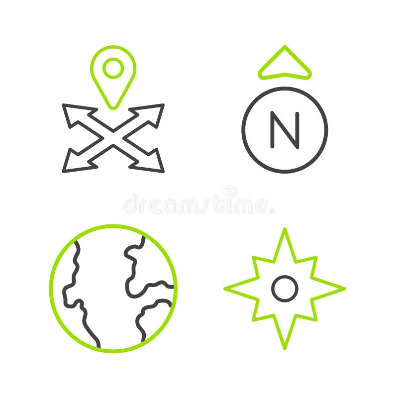 Set Line Wind Rose, Earth Globe, Compass and Location Icon. Vector ...