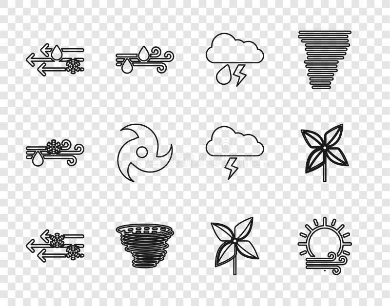 Set Line Wind and Snow, Sun, Cloud with Rain Lightning, Tornado ...