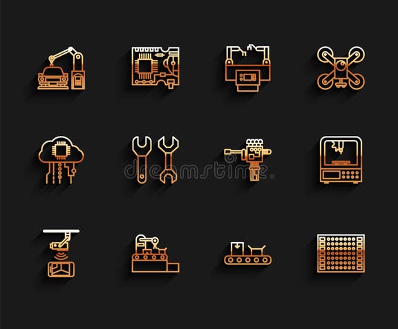 Set Line Wireless Controlling CCTV Security Camera, Conveyor with Cardboard Box, Printed Circuit ...