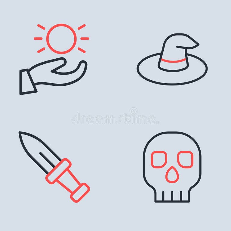 Set Line Witch Hat, Dagger, Skull and Ball Levitating Above Hand Icon ...