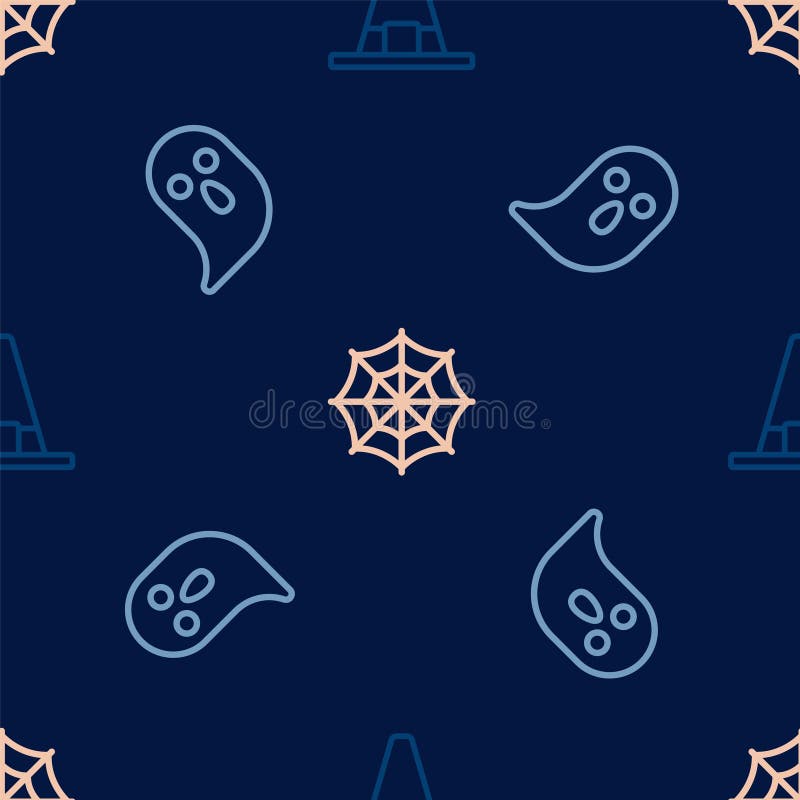 Set Line Witch Hat, Ghost and Spider Web on Seamless Pattern. Vector ...