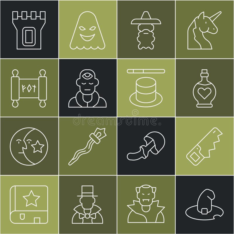 Set Line Witch Hat, Hand Saw, Bottle with Love Potion, Wizard Warlock ...