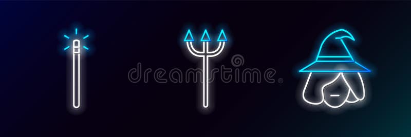 Set Line Witch, Magic Wand and Neptune Trident Icon. Glowing Neon ...