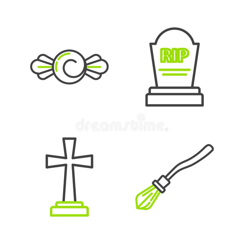 Set Line Witches Broom, Tombstone with Cross, RIP and Candy Icon ...