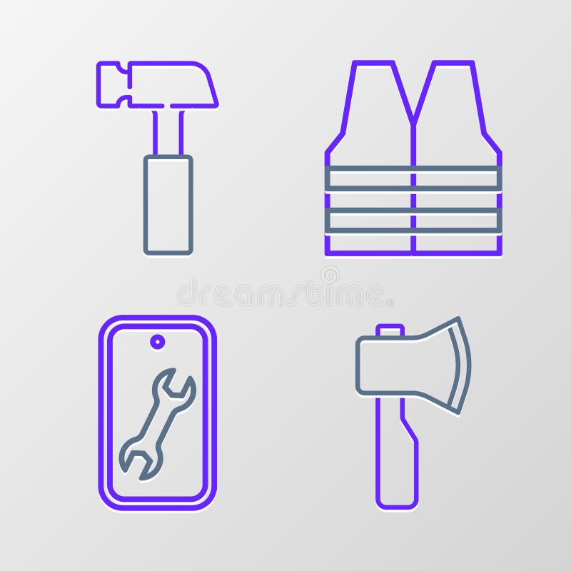 Set Line Wooden Axe, Mobile Service, Safety Vest and Hammer Icon ...