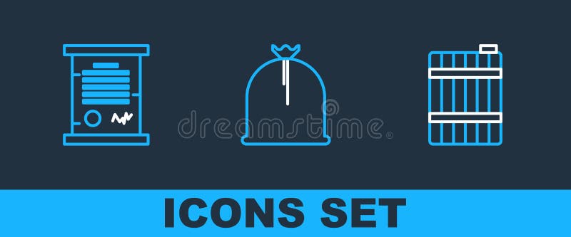 Set Line Wooden Barrel, Decree, Parchment, Scroll and Pirate Sack Icon ...