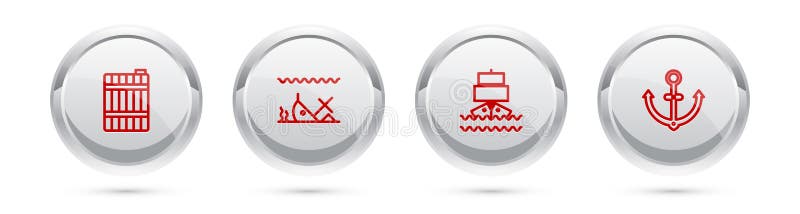 Set Line Wooden Barrel, Sunken Ship, Ship and Anchor. Silver Circle ...