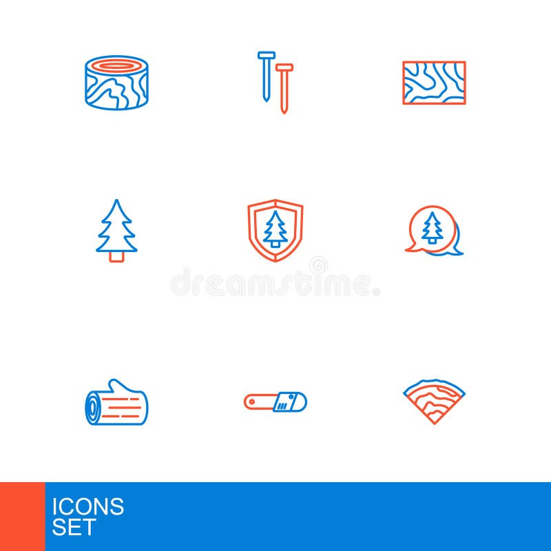 Set Line Wooden Beam, Chainsaw, Log, Tree, Shield with Tree, and ...