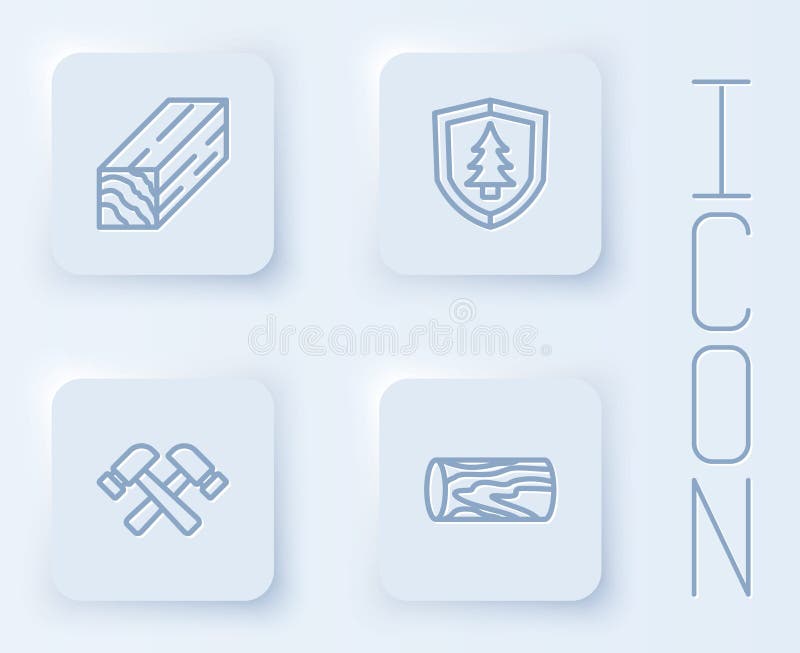 Set Line Wooden Beam, Shield with Tree, Crossed Hammer and Log. White ...