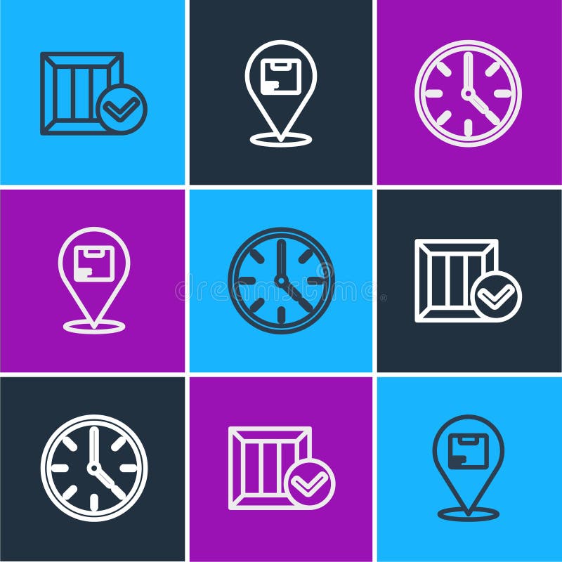 Set Line Wooden Box with Check Mark, Clock and Location Cardboard Icon ...