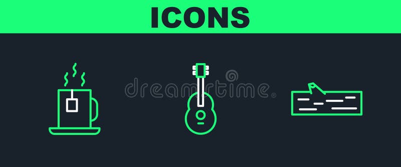 Set Line Wooden Log, Cup of Tea with Tea Bag and Guitar Icon. Vector ...