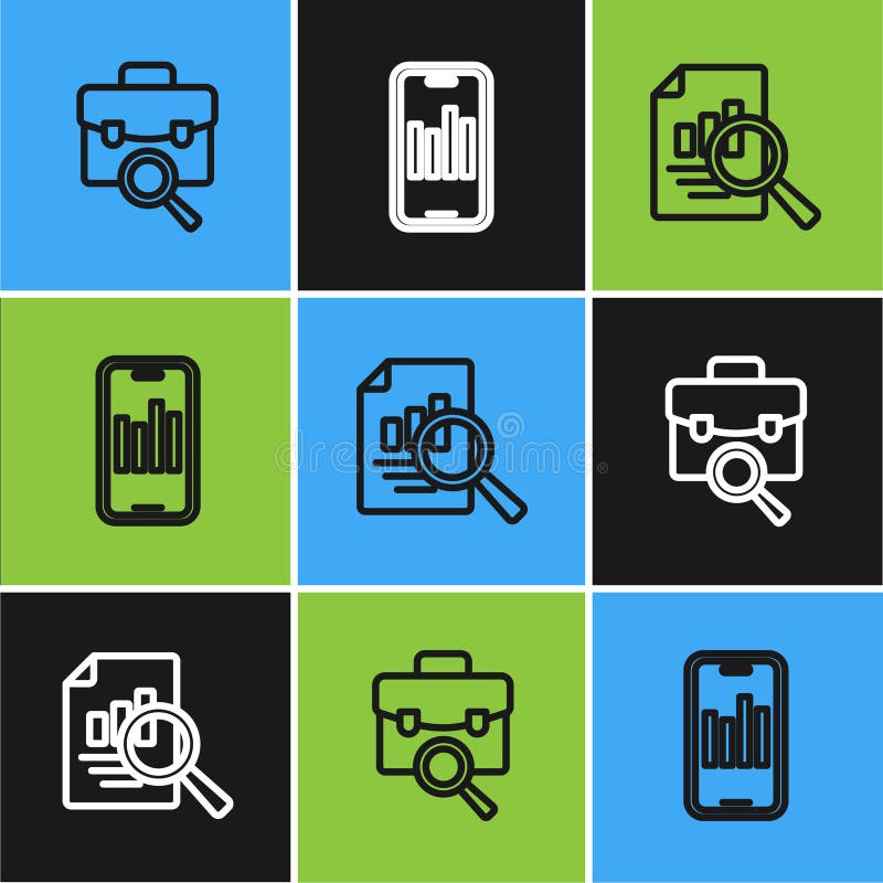 Set Line Work Search, Document with Graph Chart and Mobile Icon. Vector ... Set Line Work Search, Document with Graph Chart and Mobile Icon. Vector ...