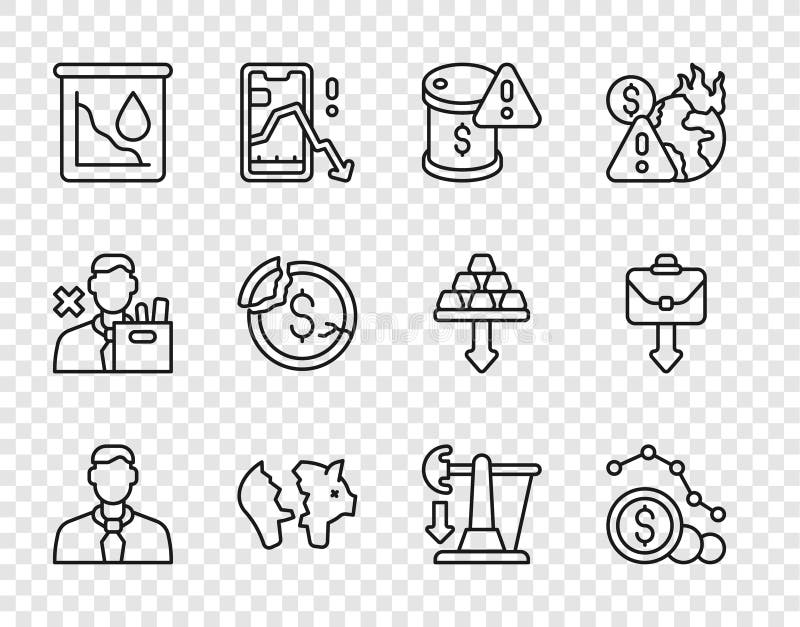 Set Line Worker, Dollar Rate Decrease, Drop in Crude Oil Price, Broken Piggy Bank, and Briefcase ...