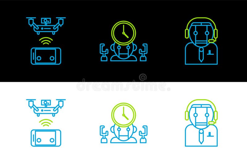 Set Line Worker Robot, Remote Aerial Drone and Robot and Digital Time ...