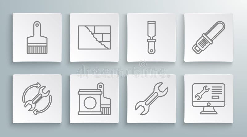 Set Line Wrench and Arrows As Workflow, Bricks, Paint Bucket Brush ... Set Line Wrench and Arrows As Workflow, Bricks, Paint Bucket Brush ...