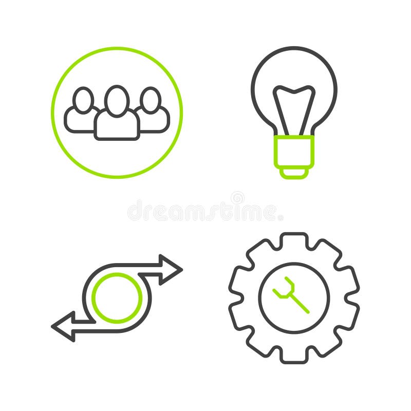 Set Line Wrench and Gear, Arrow, Light Bulb and Project Team Base Icon ...