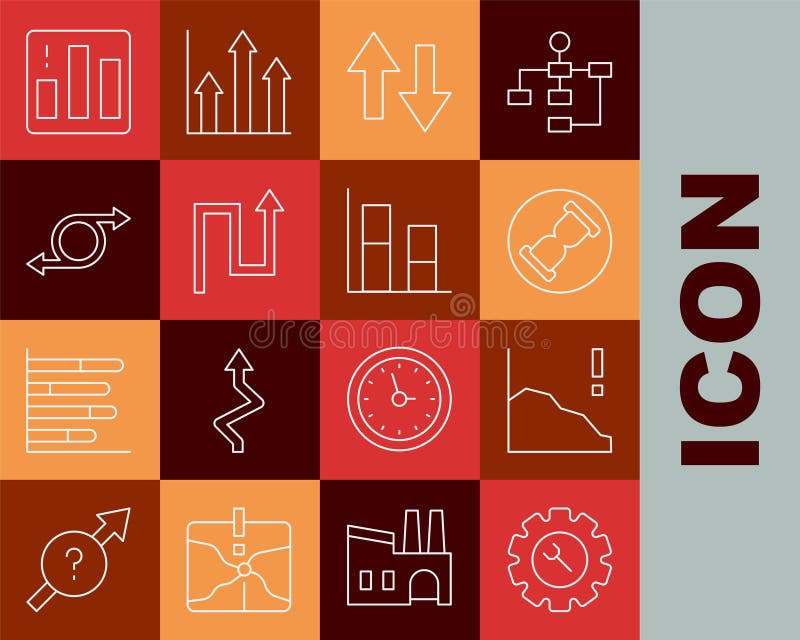 Set Line Wrench and Gear, Financial Growth Decrease, Old Hourglass with Sand, Arrow, Pie Chart ...