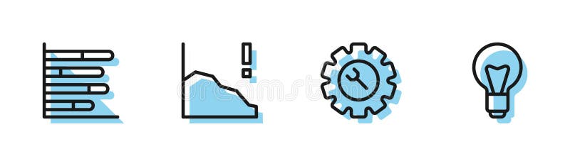 Set Line Wrench and Gear, Pie Chart Infographic, Financial Growth Decrease and Light Bulb Icon ...