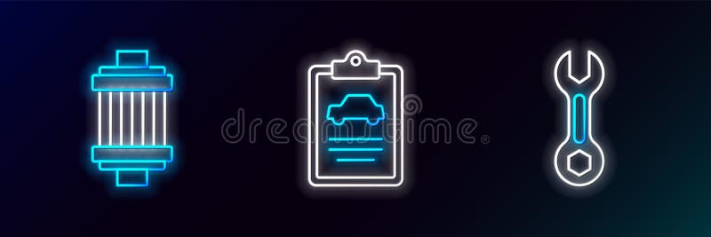 Set Line Wrench Spanner, Car Air Filter and Inspection Icon. Glowing ...
