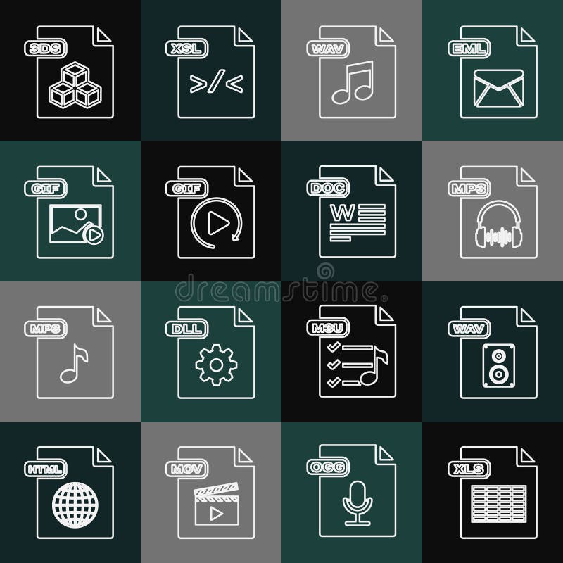 Set Line XLS File Document, WAV, MP3, GIF, 3DS and DOC Icon. Vector ... Set Line XLS File Document, WAV, MP3, GIF, 3DS and DOC Icon. Vector ...