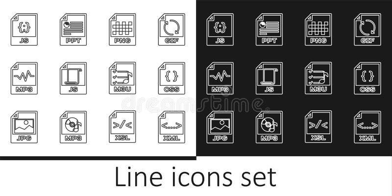 Set Line Xml File Document Css Png Js Mp3 M3u E Icono Ppt. Vector ... Set Line Xml File Document Css Png Js Mp3 M3u E Icono Ppt. Vector ...