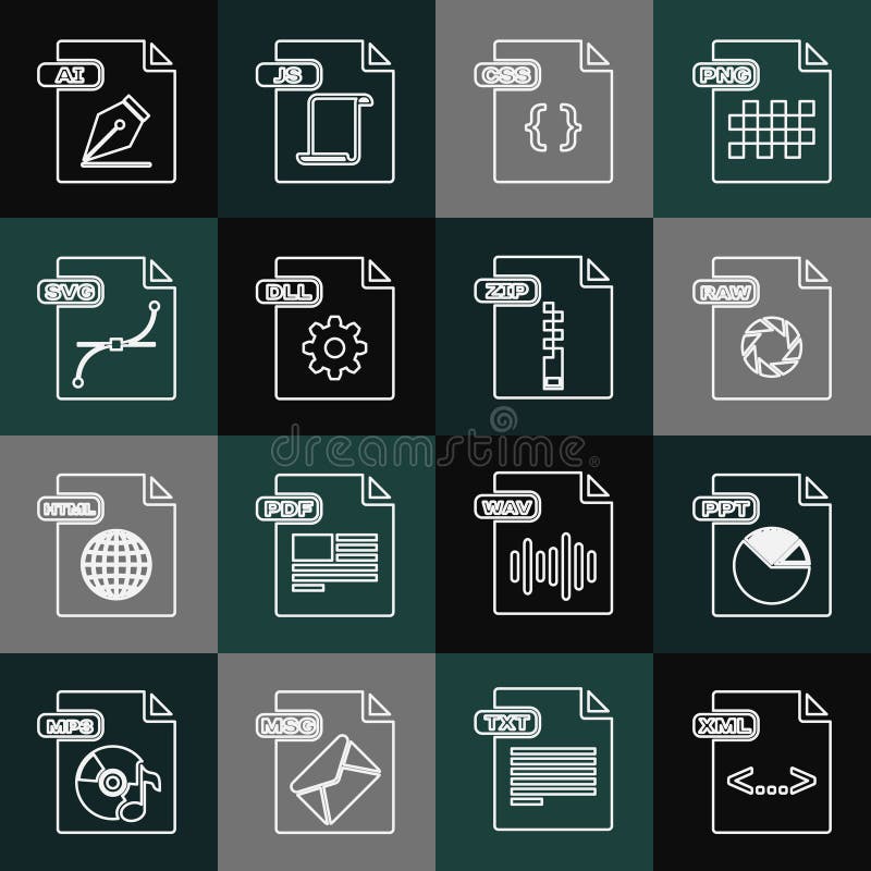 Set Line XML File Document, PPT, RAW, CSS, DLL, SVG, AI and ZIP Icon ... Set Line XML File Document, PPT, RAW, CSS, DLL, SVG, AI and ZIP Icon ...