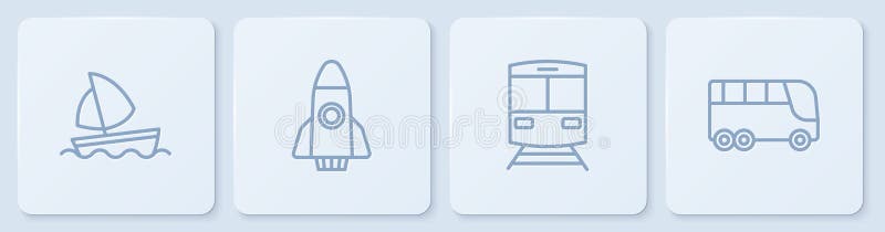 Set Line Yacht Sailboat, Train and Railway, Rocket Ship and Bus. White ...