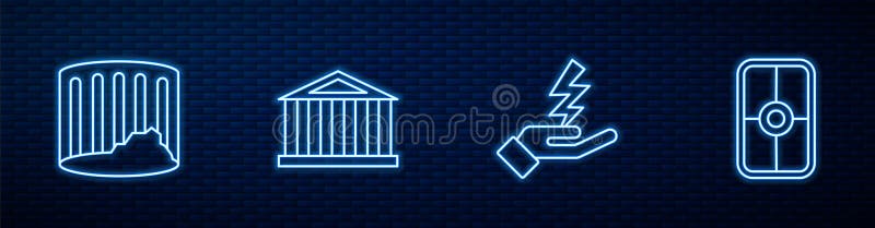 Set Line Zeus, Ancient Column, Parthenon and Greek Shield. Glowing Neon ...