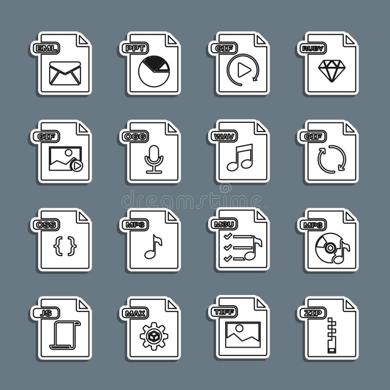 Set Line ZIP File Document, MP3, GIF, OGG, EML and WAV Icon. Vector ... Set Line ZIP File Document, MP3, GIF, OGG, EML and WAV Icon. Vector ...
