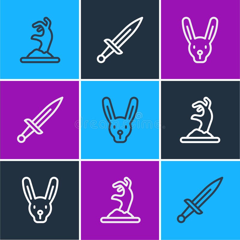 Set Line Zombie Hand, Rabbit with Ears and Dagger Icon. Vector Stock ...
