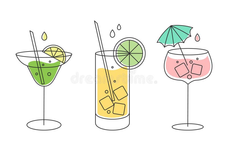 A Set of Linear Drawings of Refreshing Fruit Cocktails with Different ...