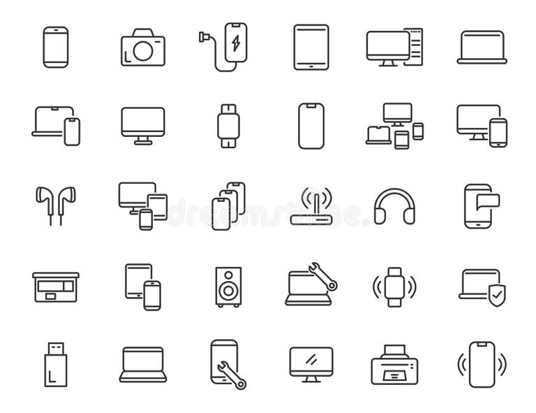 Set of Linear Electronics Icons. Computer Technology Icons in Simple ...