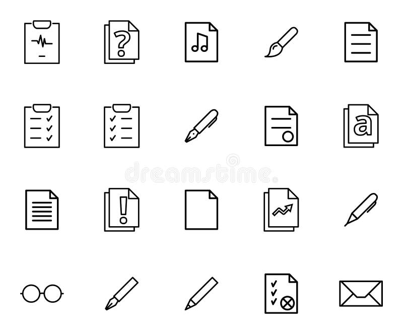 Set of Linear Icons of Various Kinds of Documents, Writing and Artistic ...
