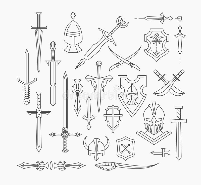 Set Linear Medieval Weapon Shields Stock Illustrations – 6 Set Linear ...