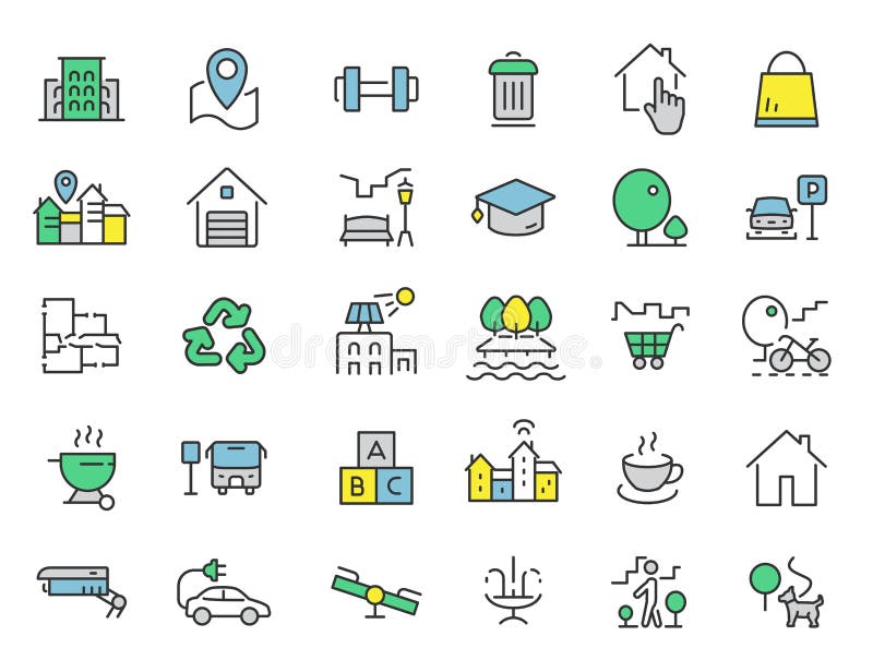 Set of Linear Residential Complex Icons. Infrastructure Icons in Simple ...