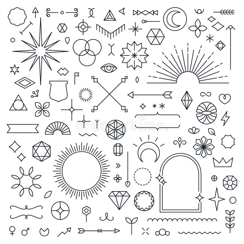 Set of Linear Thin Line Art Deco Boho Retro Vintage Design Elements ...