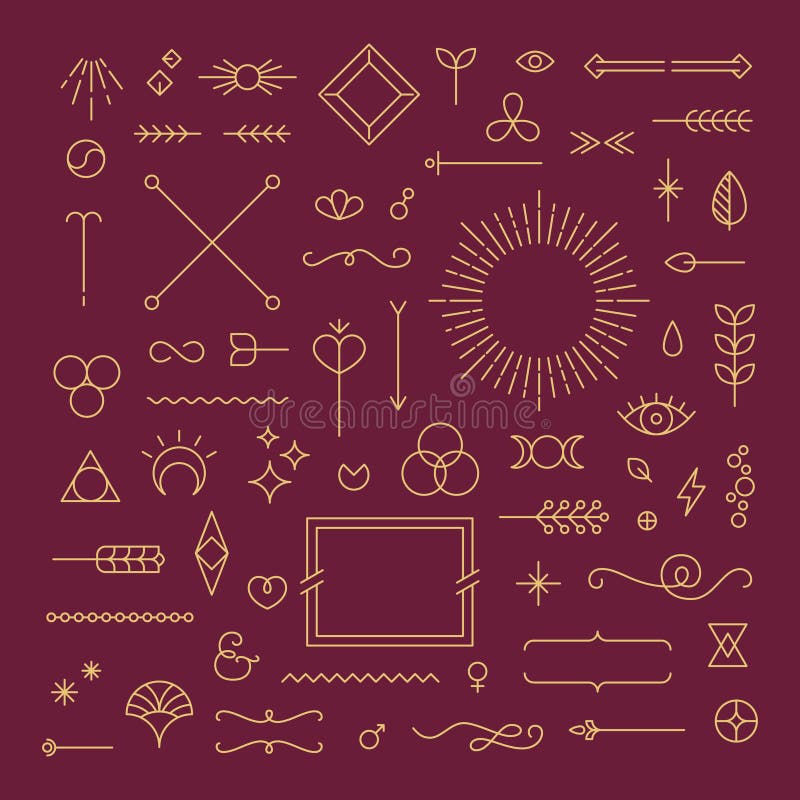 Set of Linear Thin Line Art Deco Boho Retro Vintage Design Elements ...