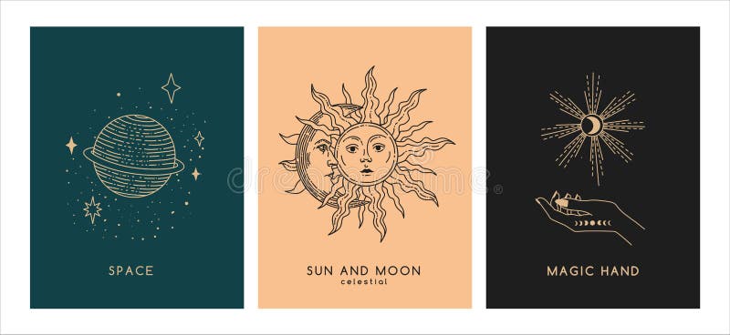 Set of Linear Vector Illustrations. Hand Drawn Celestial Illustrations ...