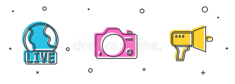 Set Live Report, Photo Camera and Megaphone Icon. Vector Stock Vector ...