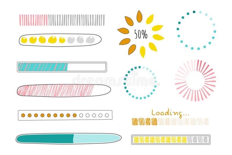 Set Loading Bar, Progress in Doodle Style Isolated on White Background ...