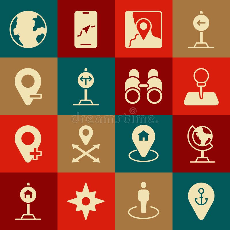 Set Location with Anchor, Earth Globe, Push Pin, Folded Map Location Marker, Fork the Road, and ...